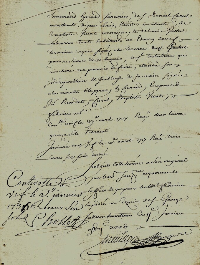 1707 Vif Isère testament SAULNIER veuve SALLICON, présent CLAPPIER ...