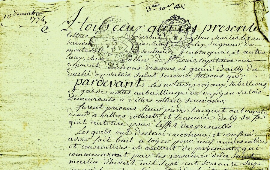 1788 Acte notarié bail Taillefontaine FOURNIER par BACQUET DELY Villers ...